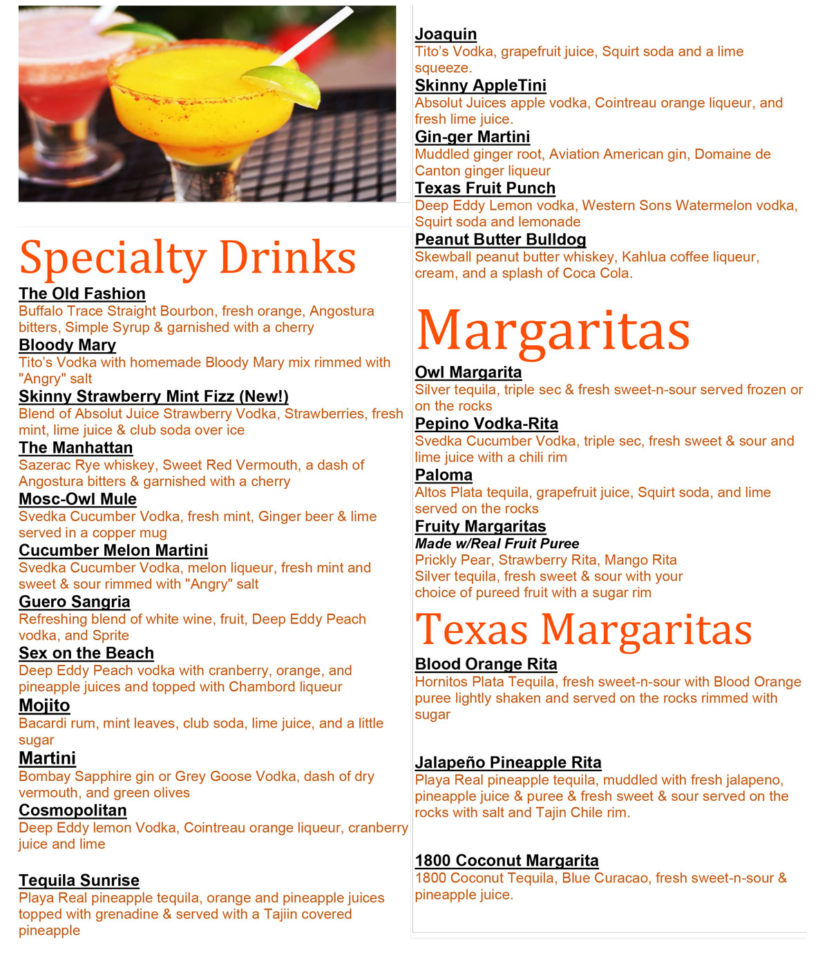 Angry Owl Food and Drink Menu