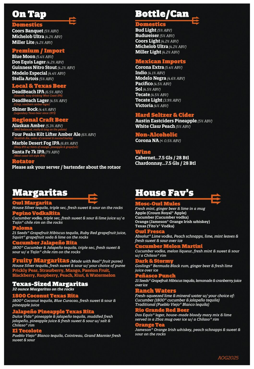 Angry Owl Food and Drink Menu